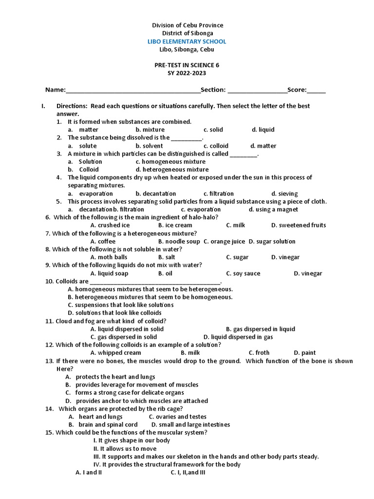 Science 6 Diagnostic Test | PDF | Mixture | Heart