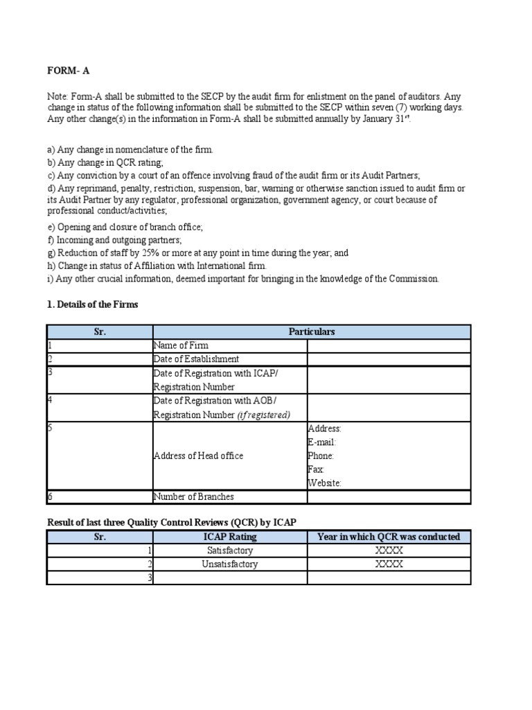 SECP Panel Auditor Registration Form-A | PDF | Banks | Audit