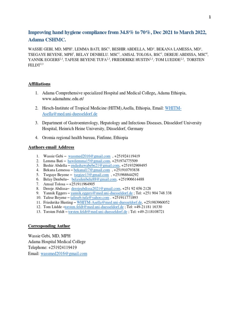 Improving Hand Hygiene Practice at Adama Hospital Medical College | PDF ...