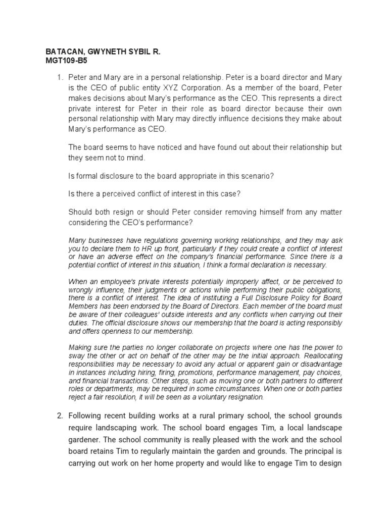 Batacan - MGT109 B5 - Activity 3 | PDF | Conflict Of Interest | Board ...