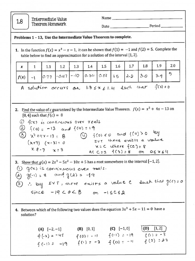 Intermediate Value Theorem HW Key | PDF