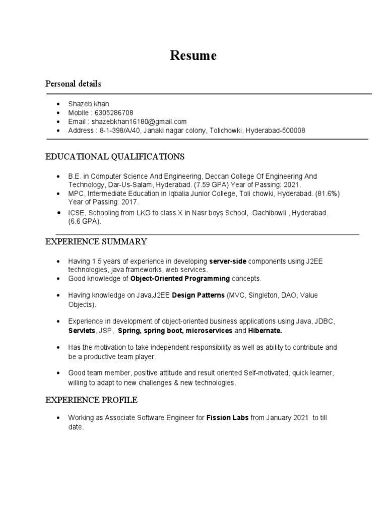 Shazeb Resume Pdf Spring Framework Java Programming Language 1071