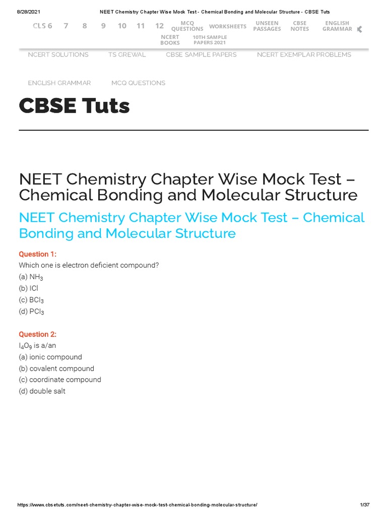 NEET Chemistry Chapter Wise Mock Test - Chemical Bonding and Molecular ... NEET Chemistry Chapter Wise Mock Test - Chemical Bonding and Molecular ...