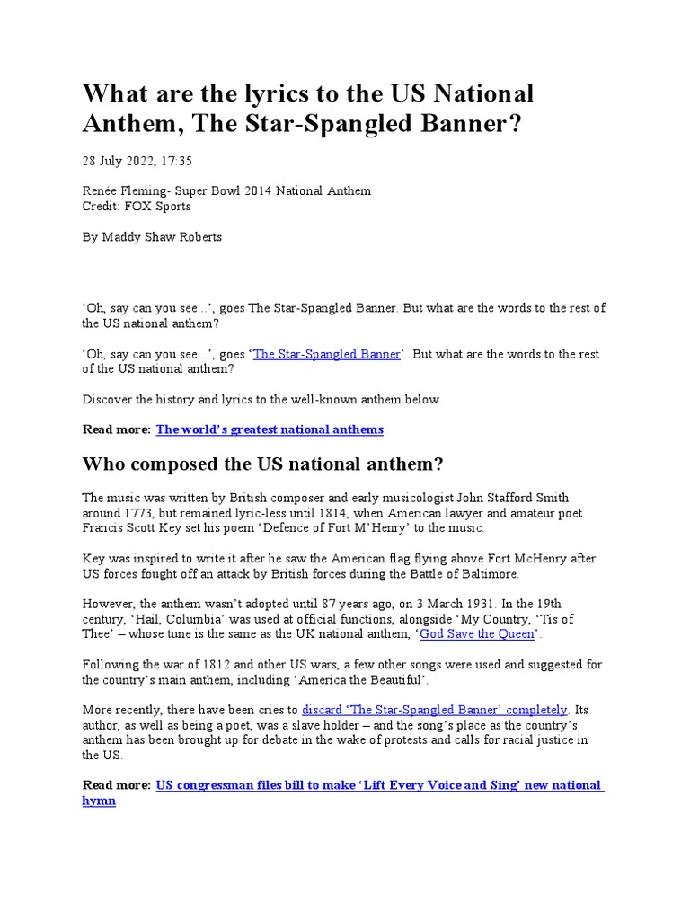 US National Anthem | Download Free PDF | The Star Spangled Banner