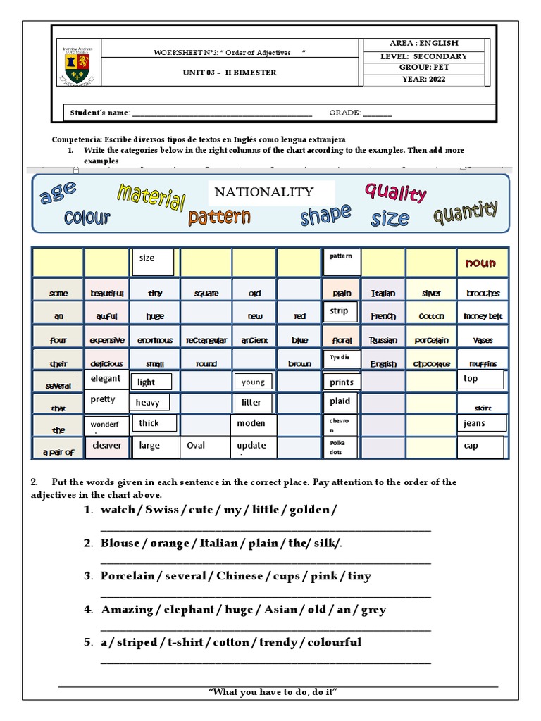 LESSON 3 GRAMMAR PET-Order of Adjectives | PDF