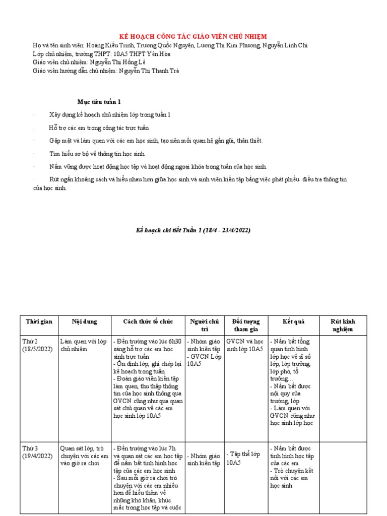 Kế Hoạch Tuần 1- Lớp 10A5 | PDF