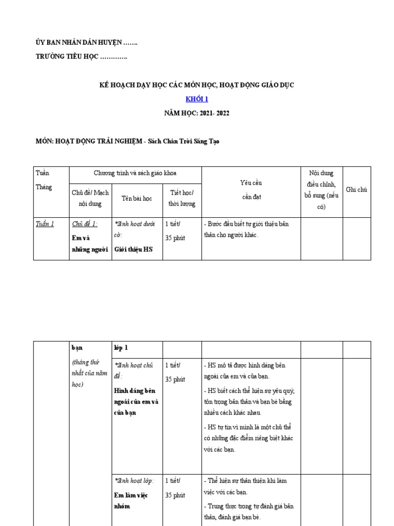 Ke Hoach Giao Duc Hoat Dong Trai Nghiem Lop 1 Chan Troi Sang Tao | PDF