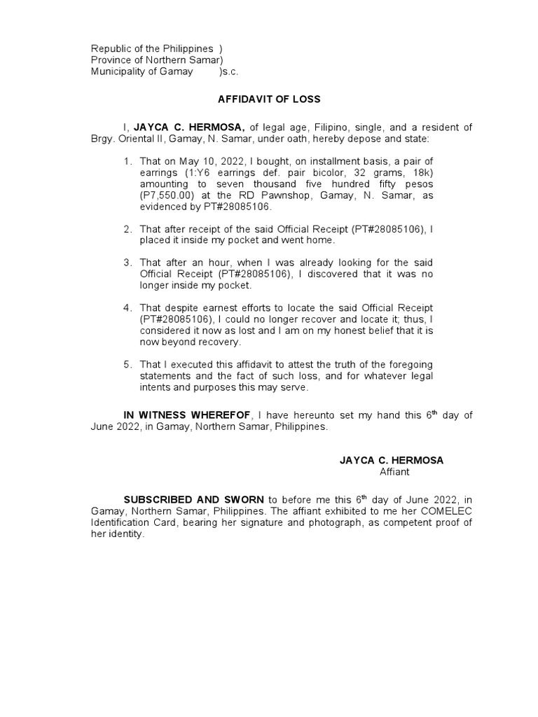 Affidavit of Loss RD Receipts | PDF