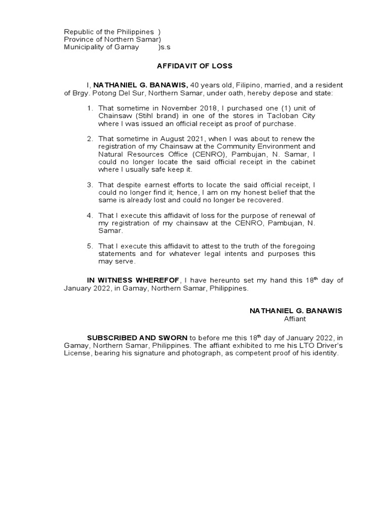 Affidavit of Loss of Official Receipt Oif Chainsaw | PDF