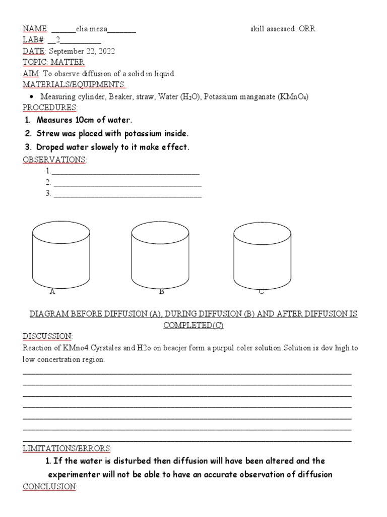 Lab 2 Diffusion I KMnO4 | PDF | Science | Physical Sciences