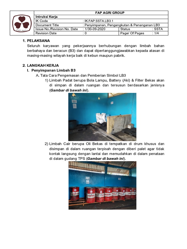 Instruksi Kerja Pengelolaan Limbah b3 Fap Agri 17112020 | PDF