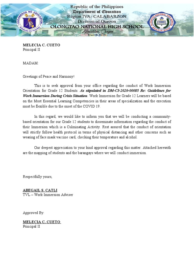 Work Immersion Letter | PDF | Pandemic | Ongoing Events Work Immersion Letter | PDF | Pandemic | Ongoing Events