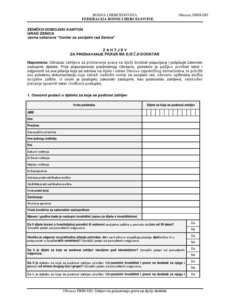 Obrazac Zahtjeva Za Priznavanje Prava Na Djecji Dodatak 1 | PDF