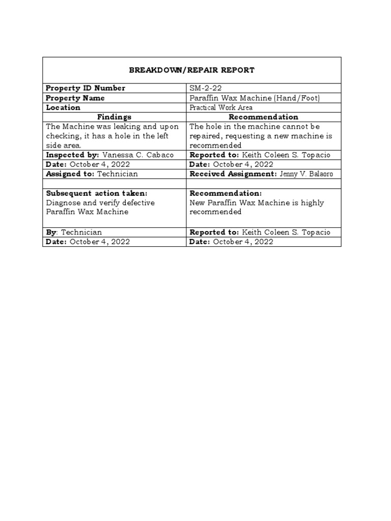 Breakdown or Repair Report | PDF