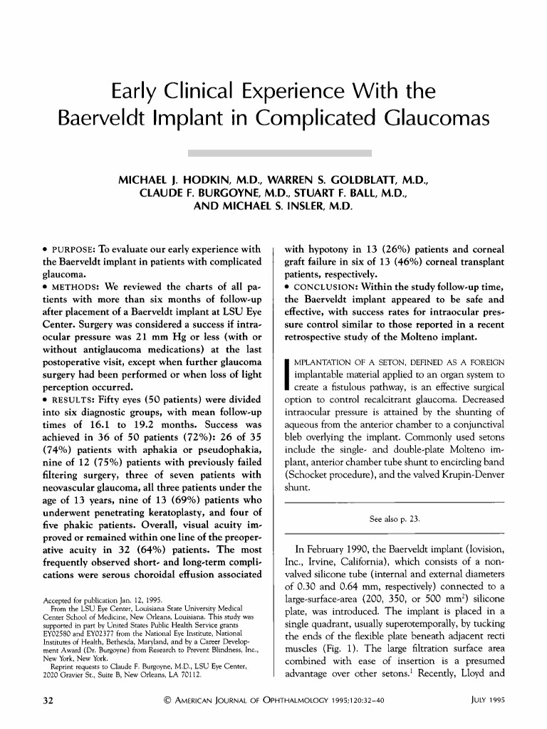 Early Clinical Experience With The Baerveldt Implant in Complicated ...