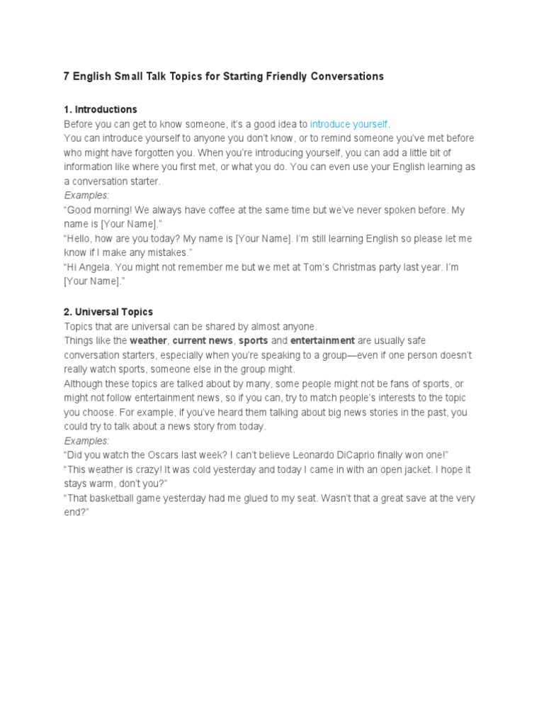Small Talk Topics for Friendly Chats | PDF