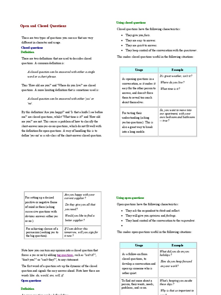 Open and Closed Questions | Download Free PDF | Question | Definition