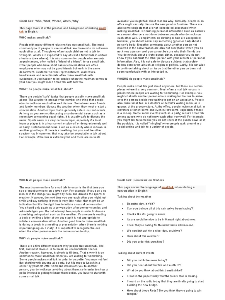 Small Talk Practice Pdf Foreign Language Studies Self Improvement