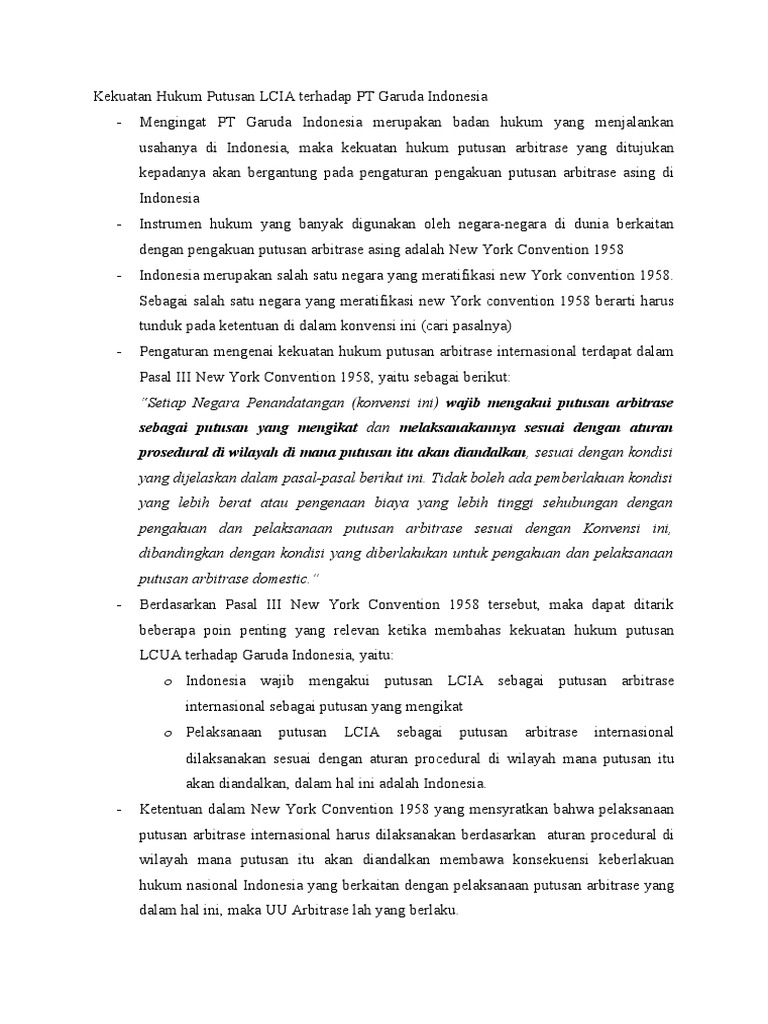 Kekuatan Hukum Putusan LCIA Terhadap PT Garuda Indonesia | PDF