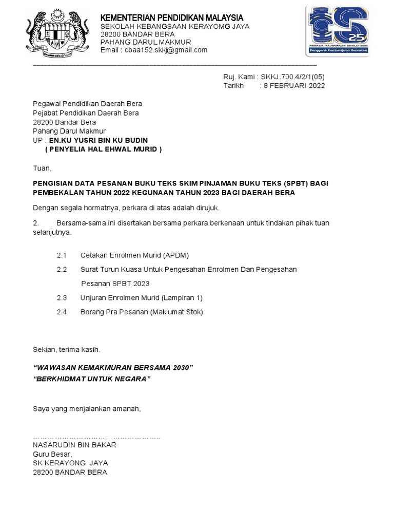 Surat Litup Pesanan Buku Teks Kegunaan 2023 SKKJ | PDF