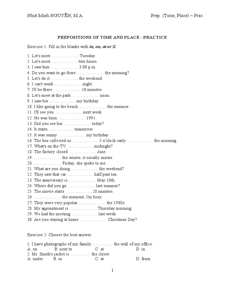 Prepositions of Time and Place | PDF