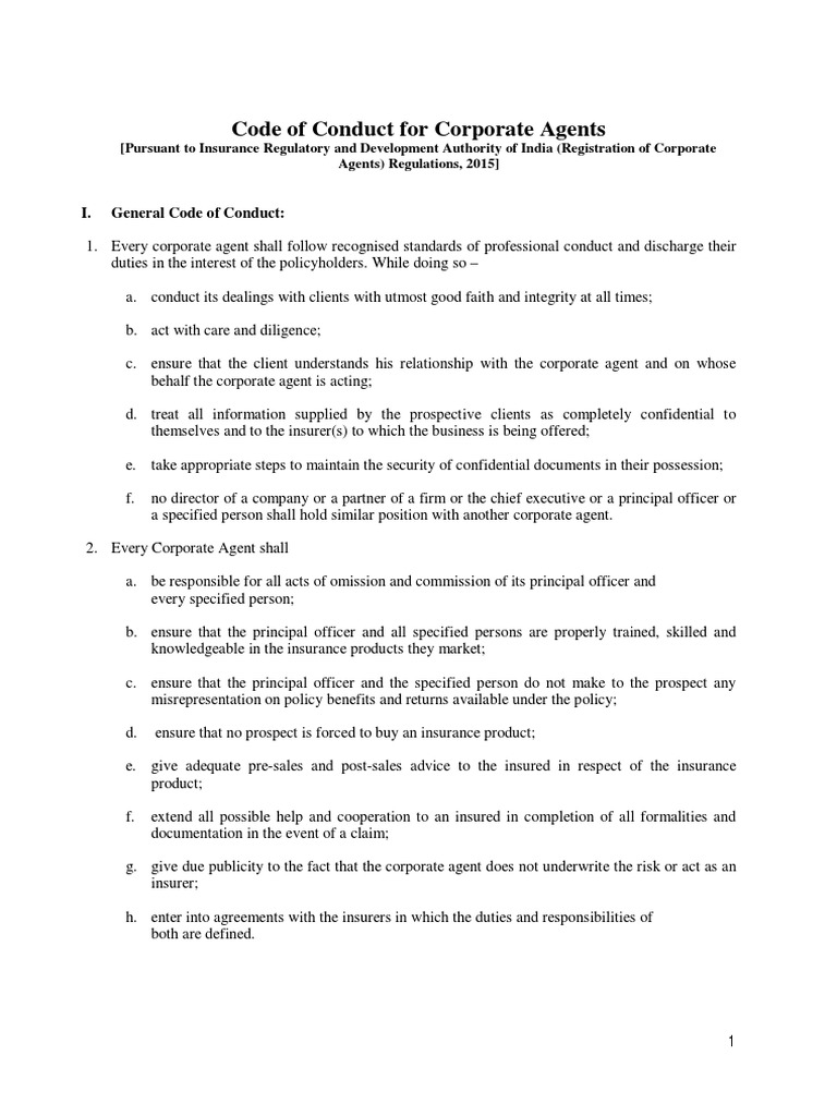 Code of Conduct For Corporate Agents | PDF | Insurance | Common Law