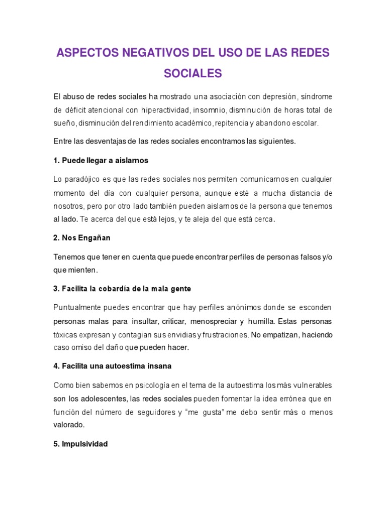 Aspectos Negativos Del Uso de Las Redes Sociales | PDF