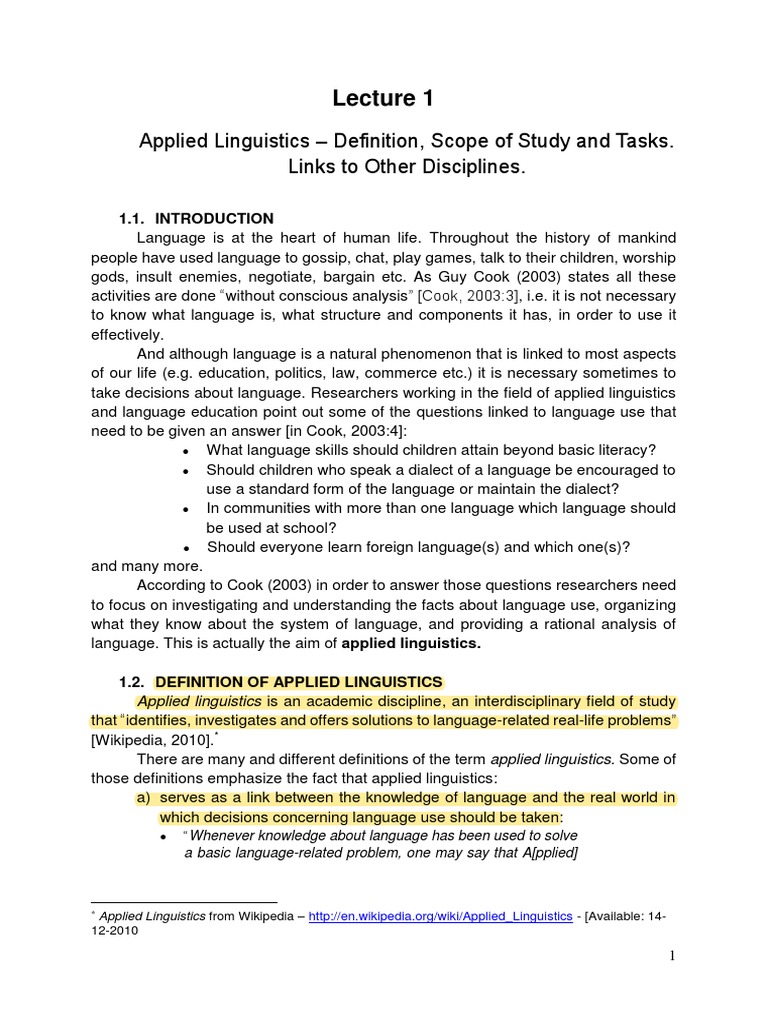 Lecture 1 - Applied Linguistics | PDF | Linguistics | Second Language Acquisition