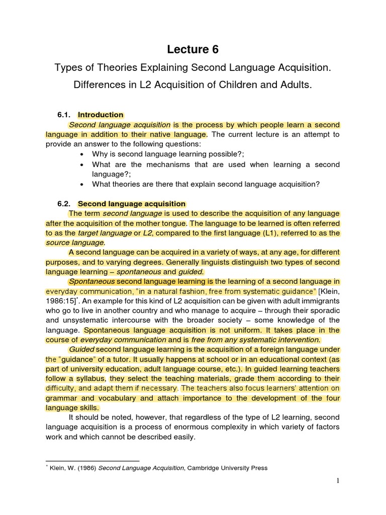 Lecture 6 - Types of Theories L2 Acquisition | PDF | Second Language ...