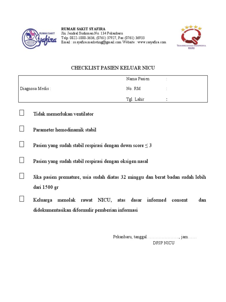 Checklist Pasien Keluar Nicu | PDF Checklist Pasien Keluar Nicu | PDF