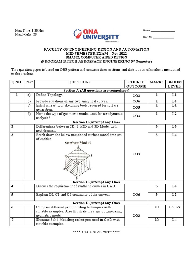 Mid Semester Exam for BMA302 Computer Aided Design | PDF | Computer ...