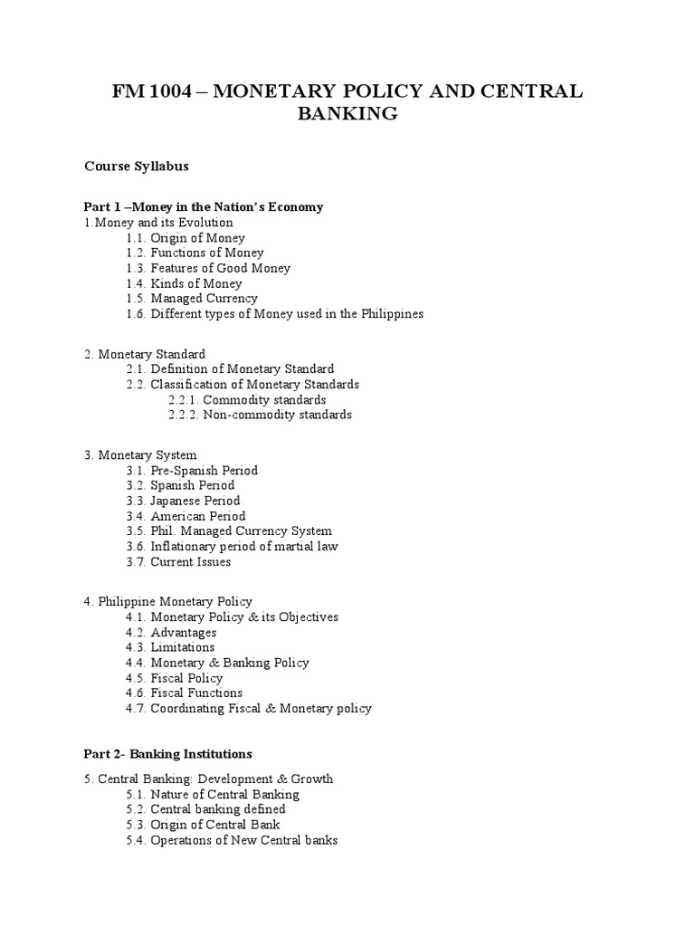 FM 1004 Monetary Policy and Central Banking Course Syllabus 1 | PDF ... FM 1004 Monetary Policy and Central Banking Course Syllabus 1 | PDF ...