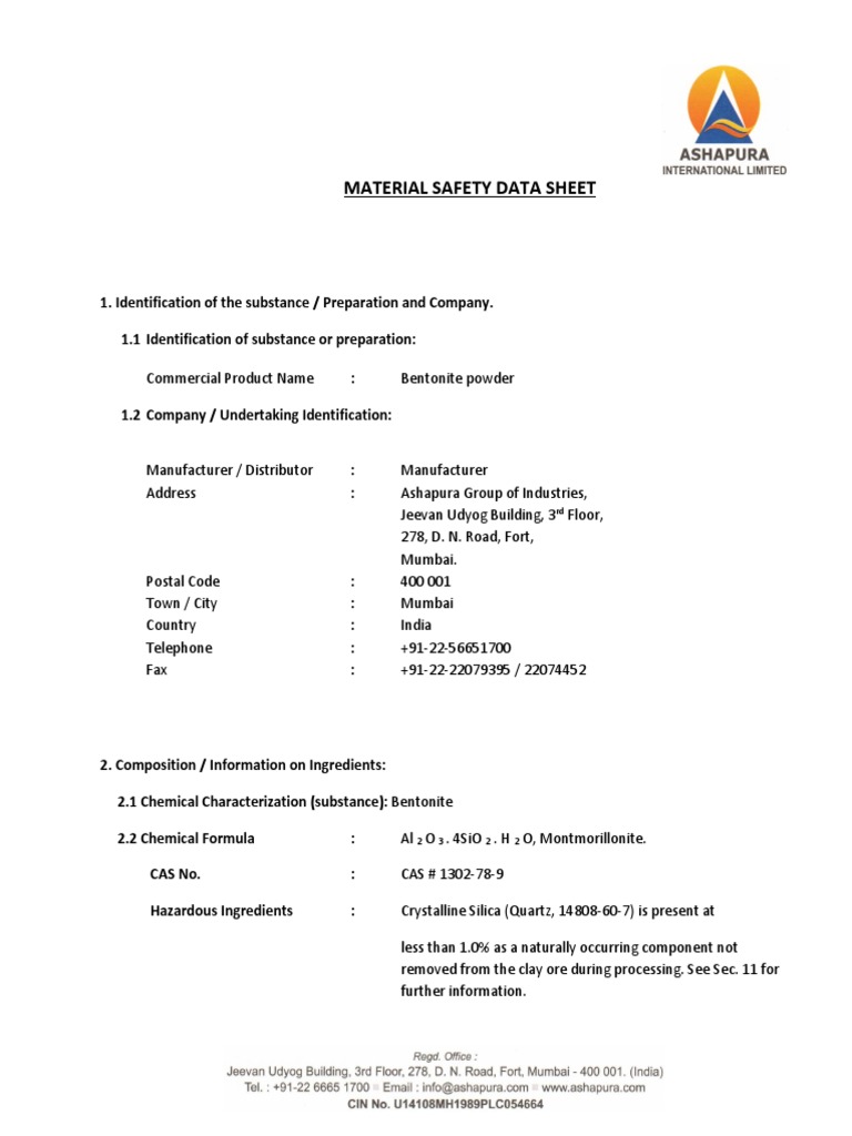 Bentonite MSDS | PDF | Silicon Dioxide | Personal Protective Equipment