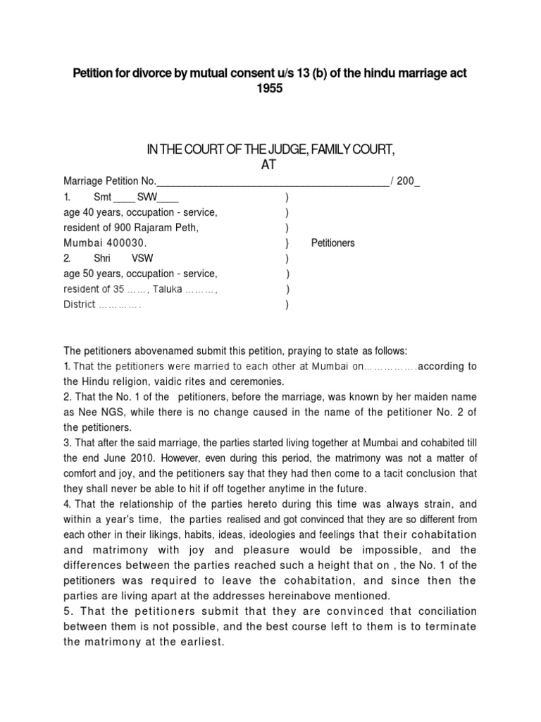 Petition For Divorce by Mutual Consent Under Section 13 (B) of The Hindu Marriage Act 1955 | PDF ...