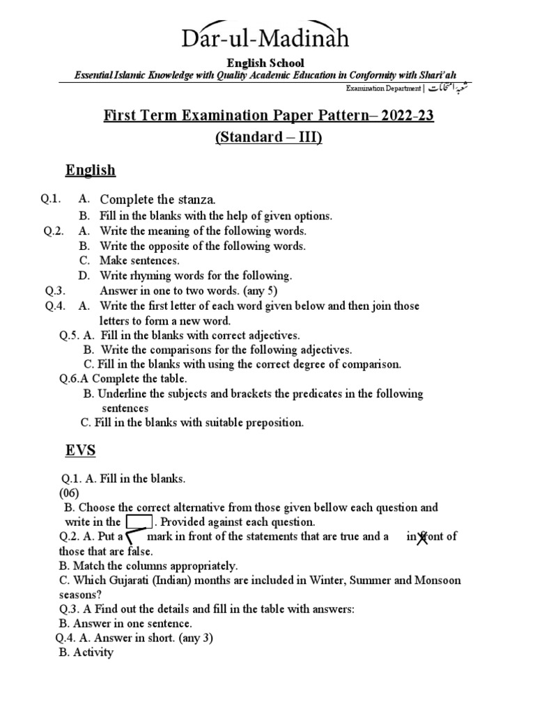 Standard III First Term Examination Paper Pattern 2022-23 | PDF | English Language | Cognitive ...