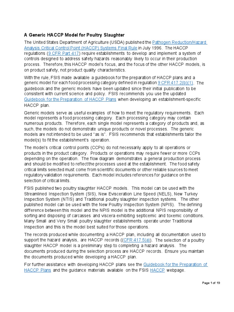 Poultry Slaughter HACCP Model Guide | PDF | Hazard Analysis And ...