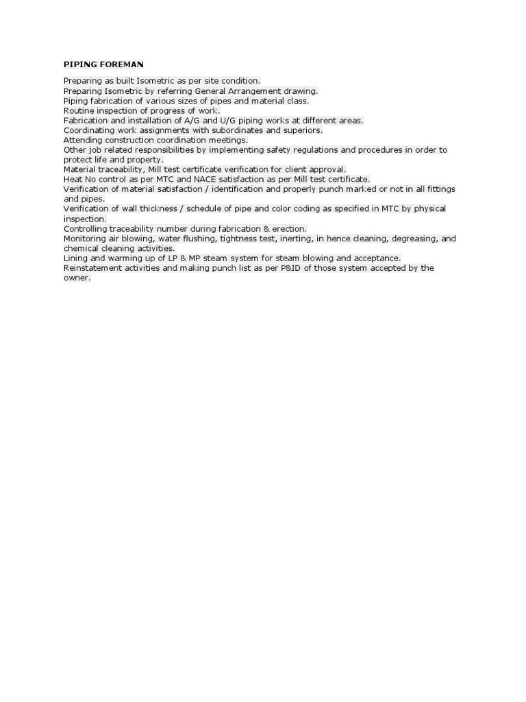 Piping Foreman Duties and Responsibilities | PDF