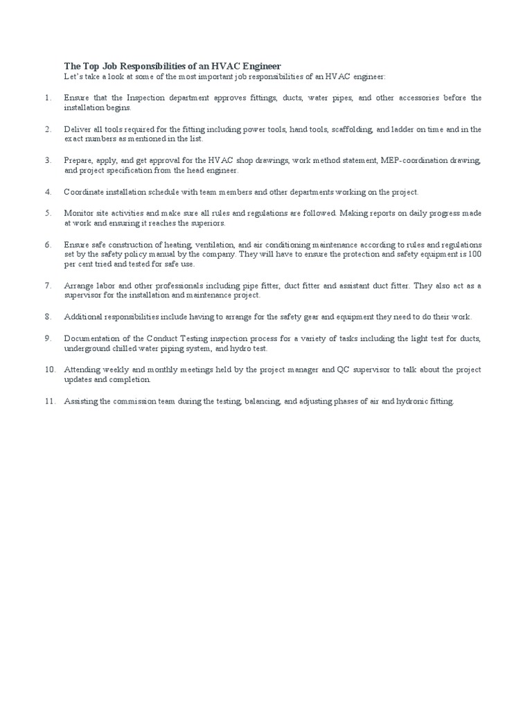 HVAC Engineer Job Responsibilities | PDF