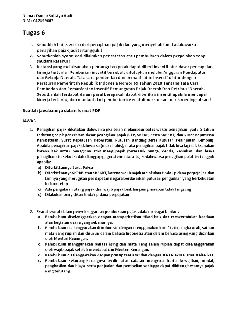 Tugas 6 Lab Pajak Daerah Dan Restribusi Daerah | PDF | Pengelolaan Keuangan & Uang
