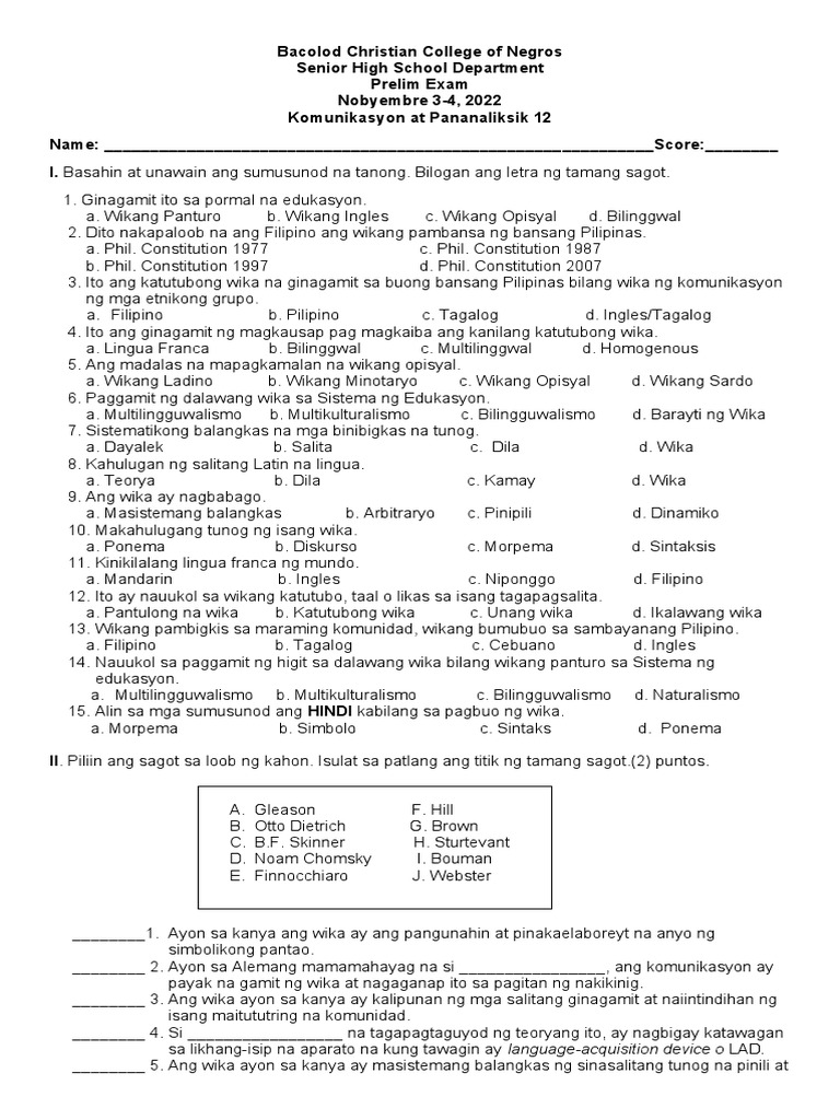 Komunikasyon SHS 12 1ST Periodical Test Oct. | PDF