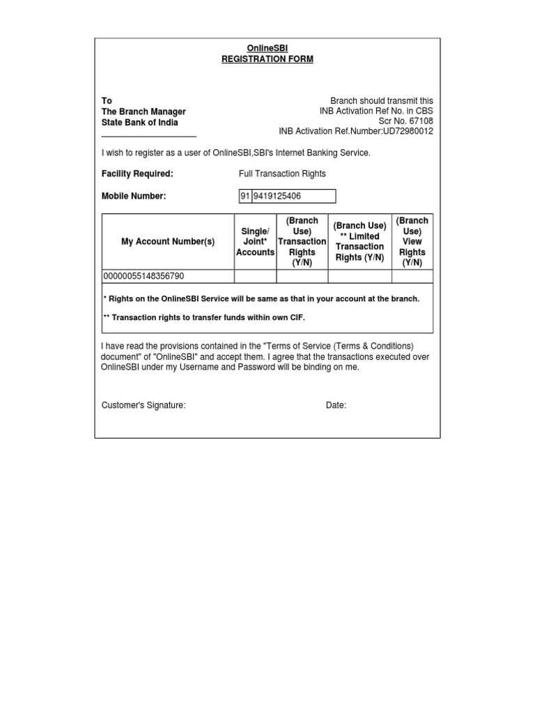 Online Banking Registration Form for State Bank of India | PDF