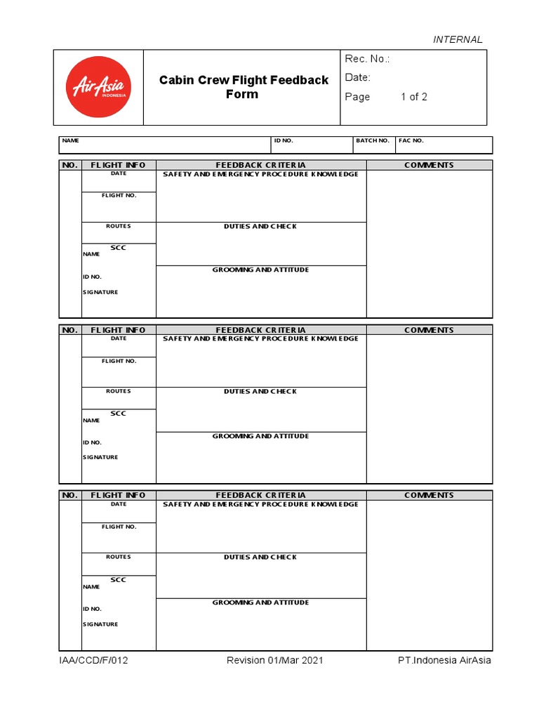 Iaa - CCD - F - 012 - Rev01 - Cabin Crew Flight Feedback Form | PDF ...