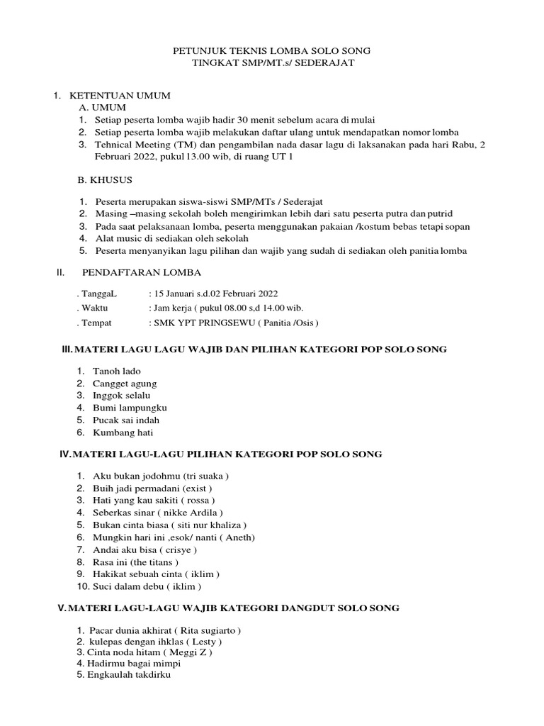 Lomba Solo Song SMP: Panduan dan Jadwal | PDF
