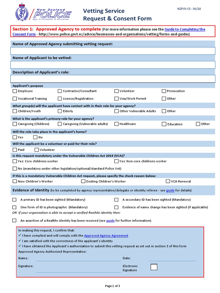 F3.9 Consent and Request Police Vetting Form | PDF | Identity Document ...