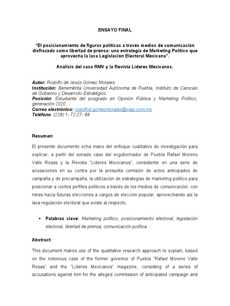 Ensayo Final - Caso RMV, MKT Político y Posicionamiento | PDF | Elecciones | Método científico
