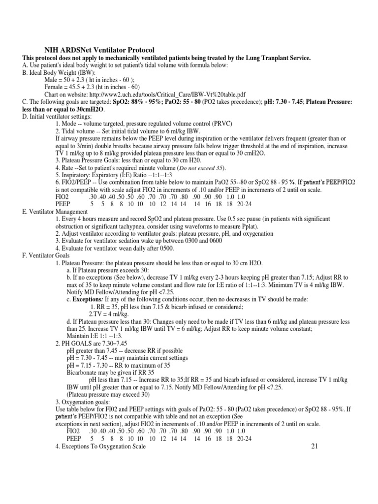 ARDSNet VentilatorProtocol | PDF | Medicine | Medical Treatments
