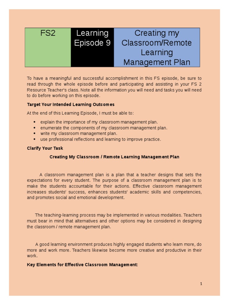 FS 2 Episode 9 | PDF | Classroom Management | Classroom