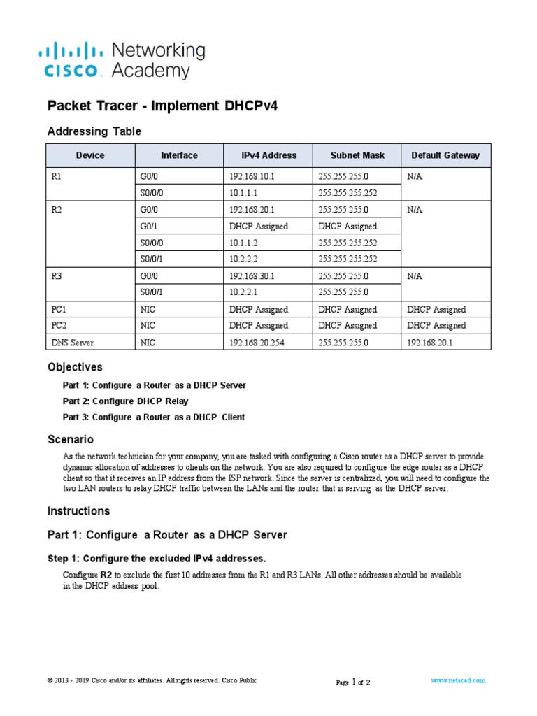 7.4.1-Packet-Tracer - Implement-Dhcpv4 | Download Free PDF | Router (Computing) | Network Protocols