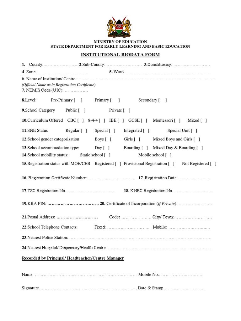 Hard Copy BioData Form For NEMIS Reenginering | PDF
