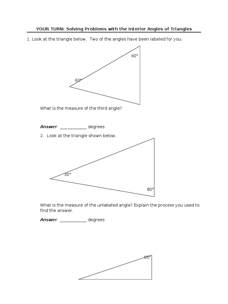 YOUR TURN: Solving Problems With The Interior Angles of Triangles | PDF ...